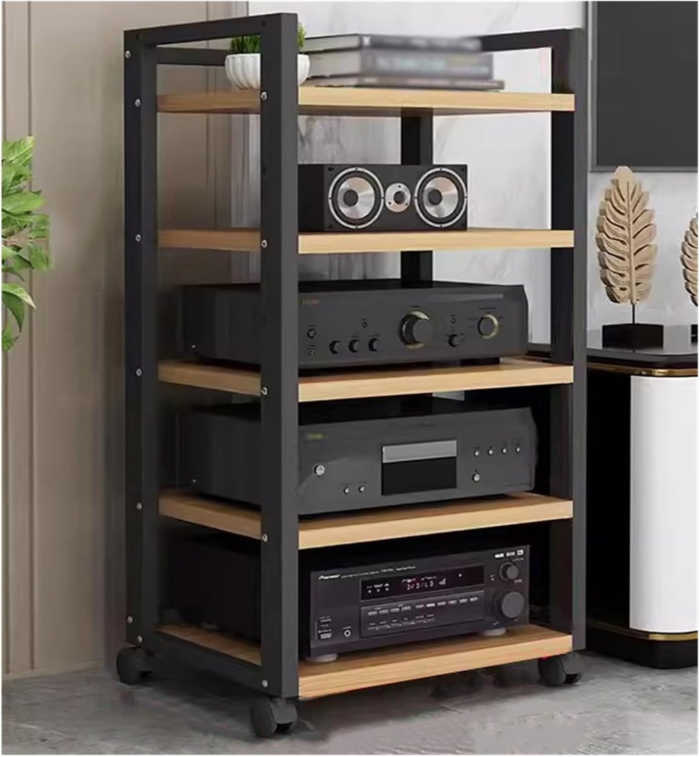 Heavy-Duty HiFi Audio Video Rack with Adjustable Shelves & Wheels Black ...