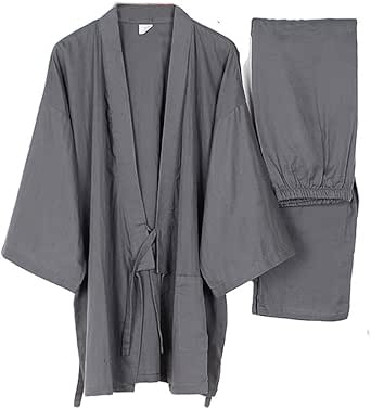 thefancypumpkin Men's Japanese Style Robes Loose Pure Cotton Kimono Pajamas Suit-Gray M at ...