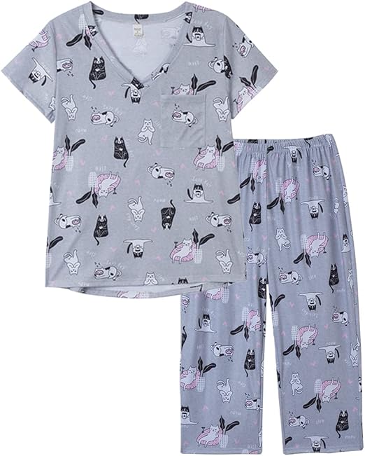 YIJIU Women's Short Sleeve Sleepwear Cute Cat Print 2 Piece Pajama Set ...