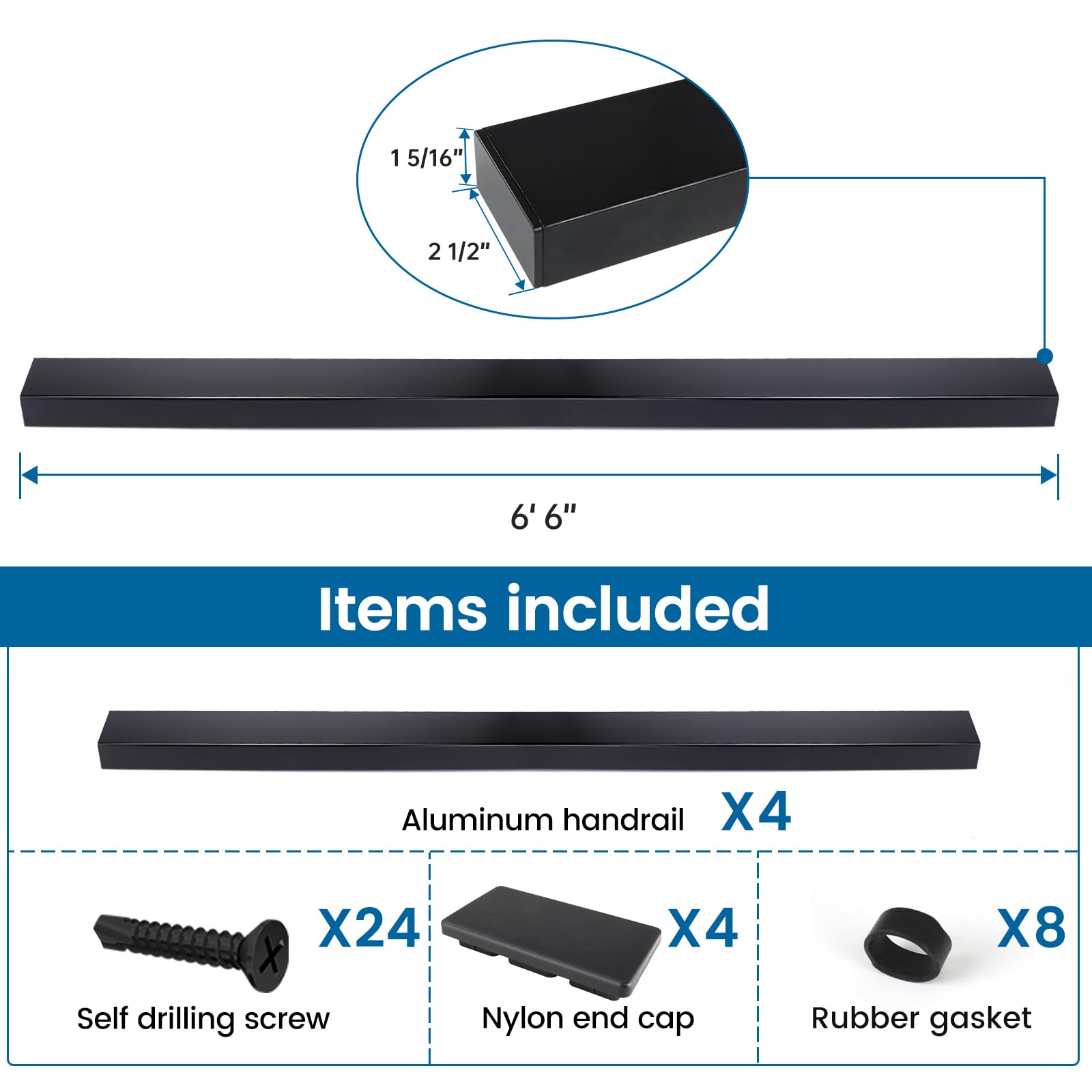 Snapklik.com : Muzata 4Pack 66" Aluminum Handrail Black Rectangular ...