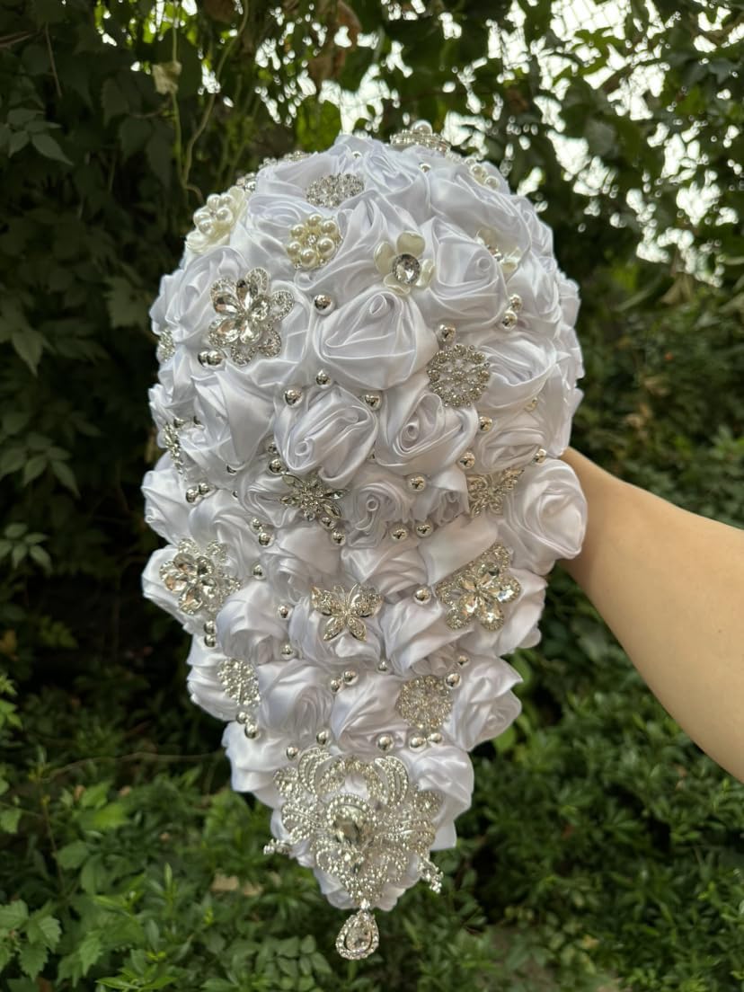 Amazon.com: Mhojpik Luxury Cascade Bridal Wedding Bouquet Satin Rose ...