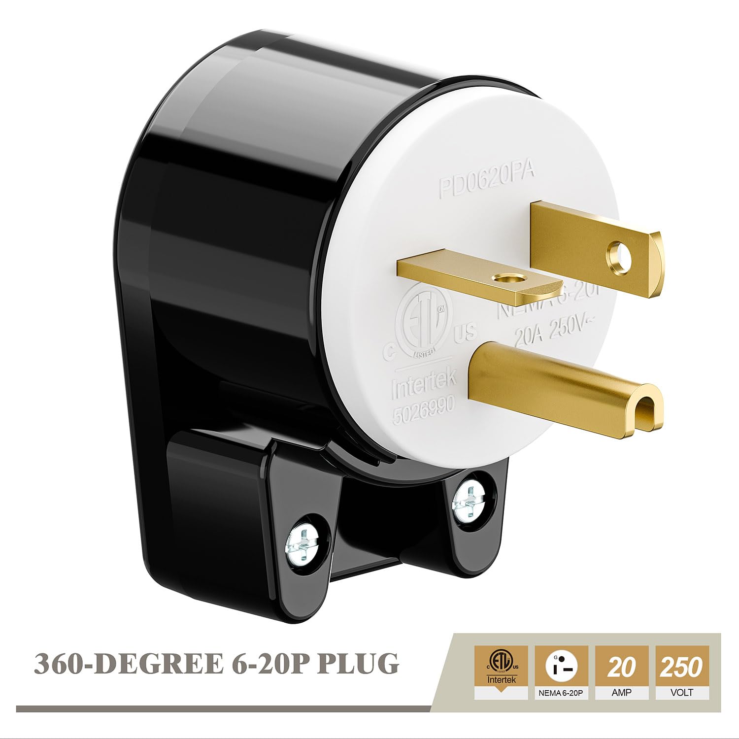 Snapklik.com : USA 3-Prong Male AC Plug, Right Angle ETL Nema 6-20P 3 ...