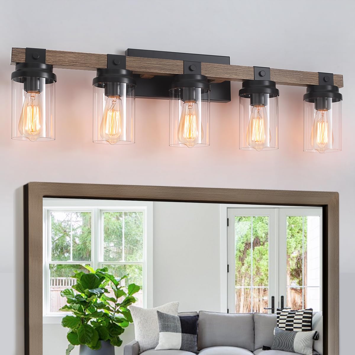 Wood Bathroom Vanity Light, 5-Lights Farmhouse Bathroom Light Over ...