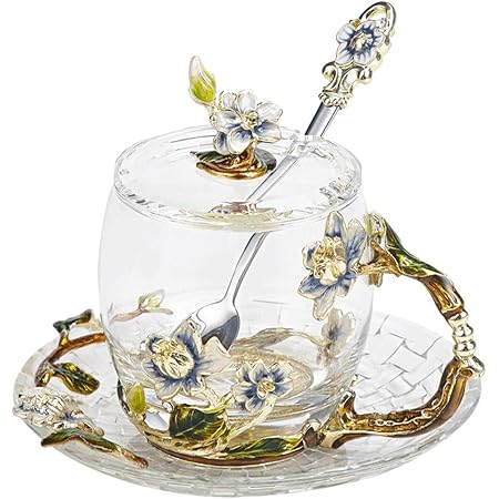 Amazon.com: SHEEYEE Vintage Glass Tea Cup and Saucer Set with Lid and ...