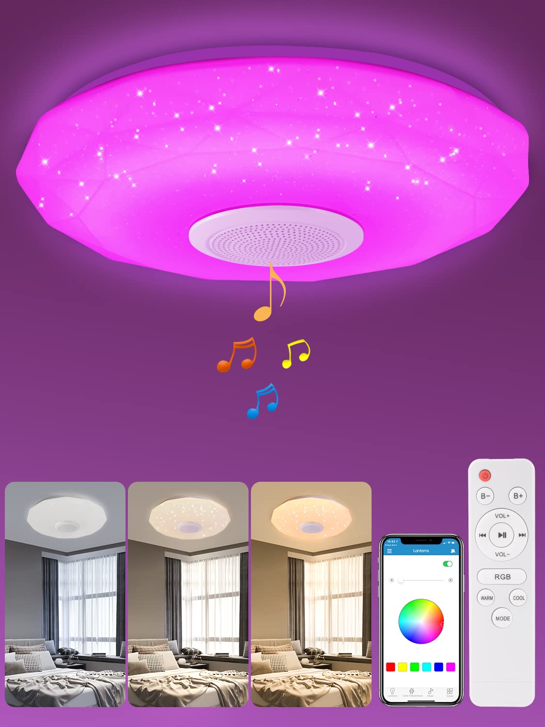 Buy Led Flush Music Ceiling Light with Bluetooth Speaker 18W Smart ...