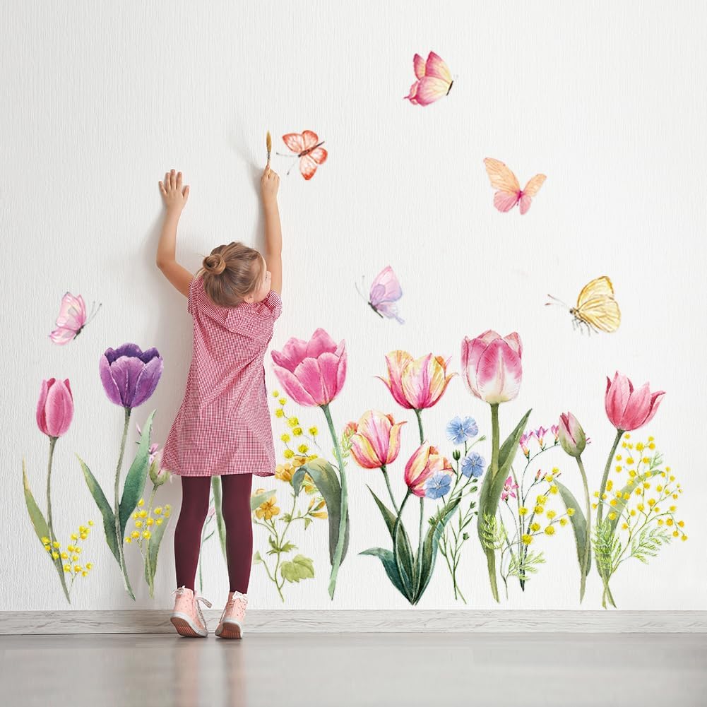 Amazon.com: Tulip Flowers Wall Decals Watercolor Floral Butterfly Wall ...