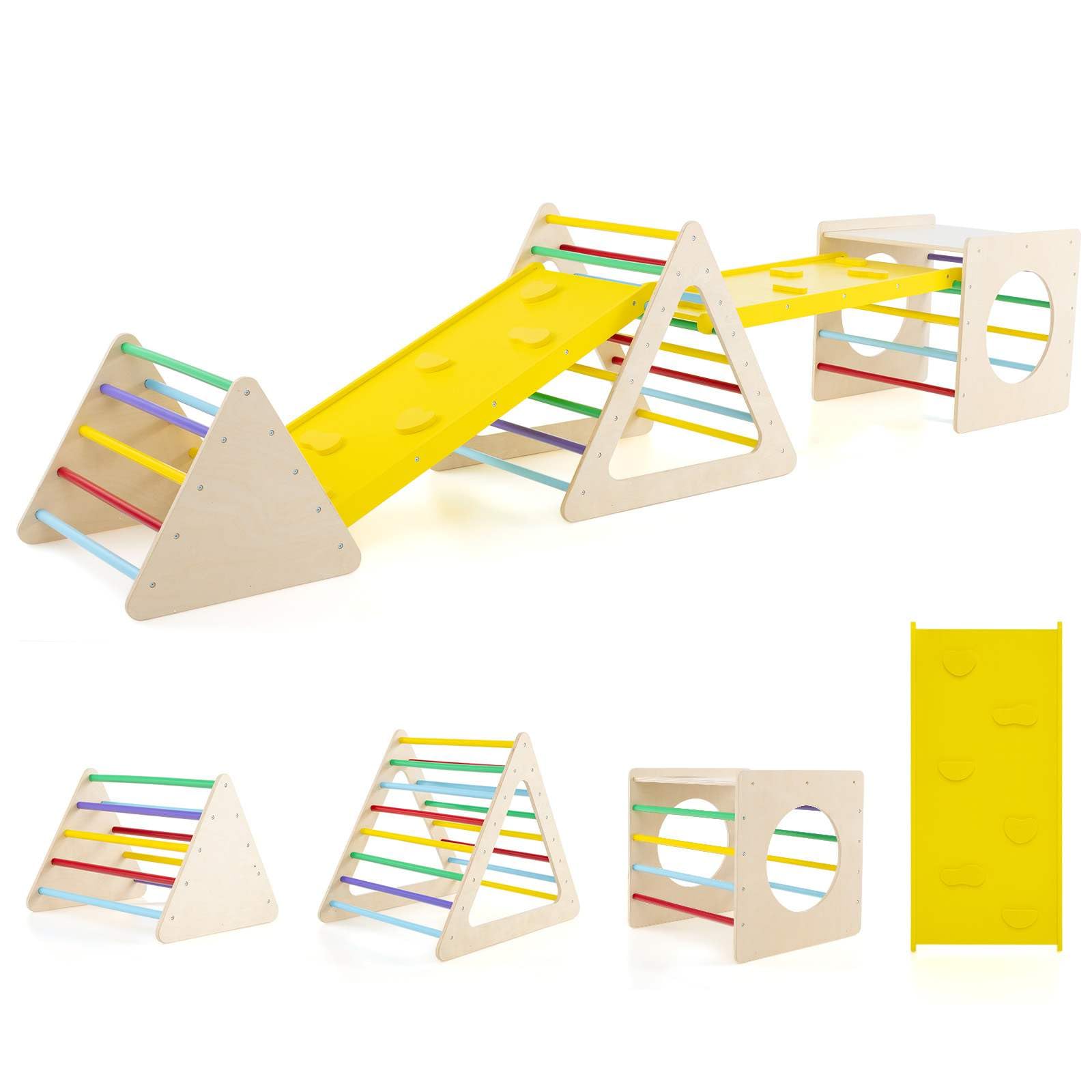 HONEY JOY 5 in 1 Triangle Climber with 2 Ramp, Wooden Climbing Toys for ...