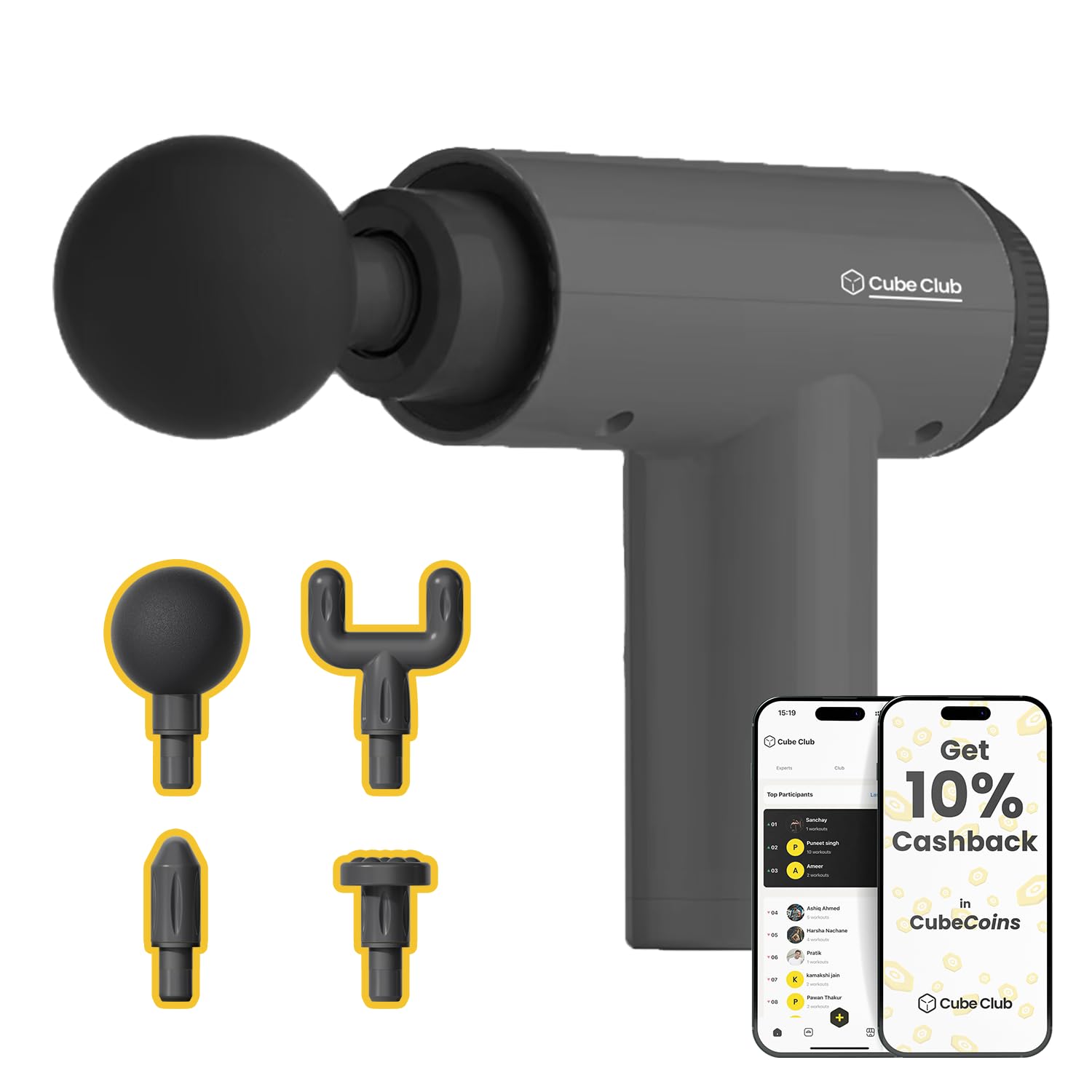 The Cube Club ZenPulse Massage Gun with 4 Soft Massage Heads Portable ...