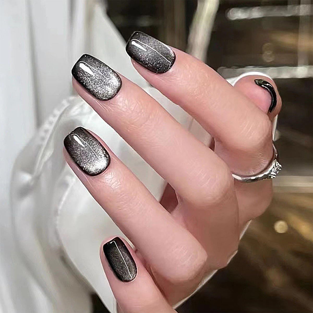 Amazon.com : Black Press on Nails Short Square Fake Nails Glitter False ...