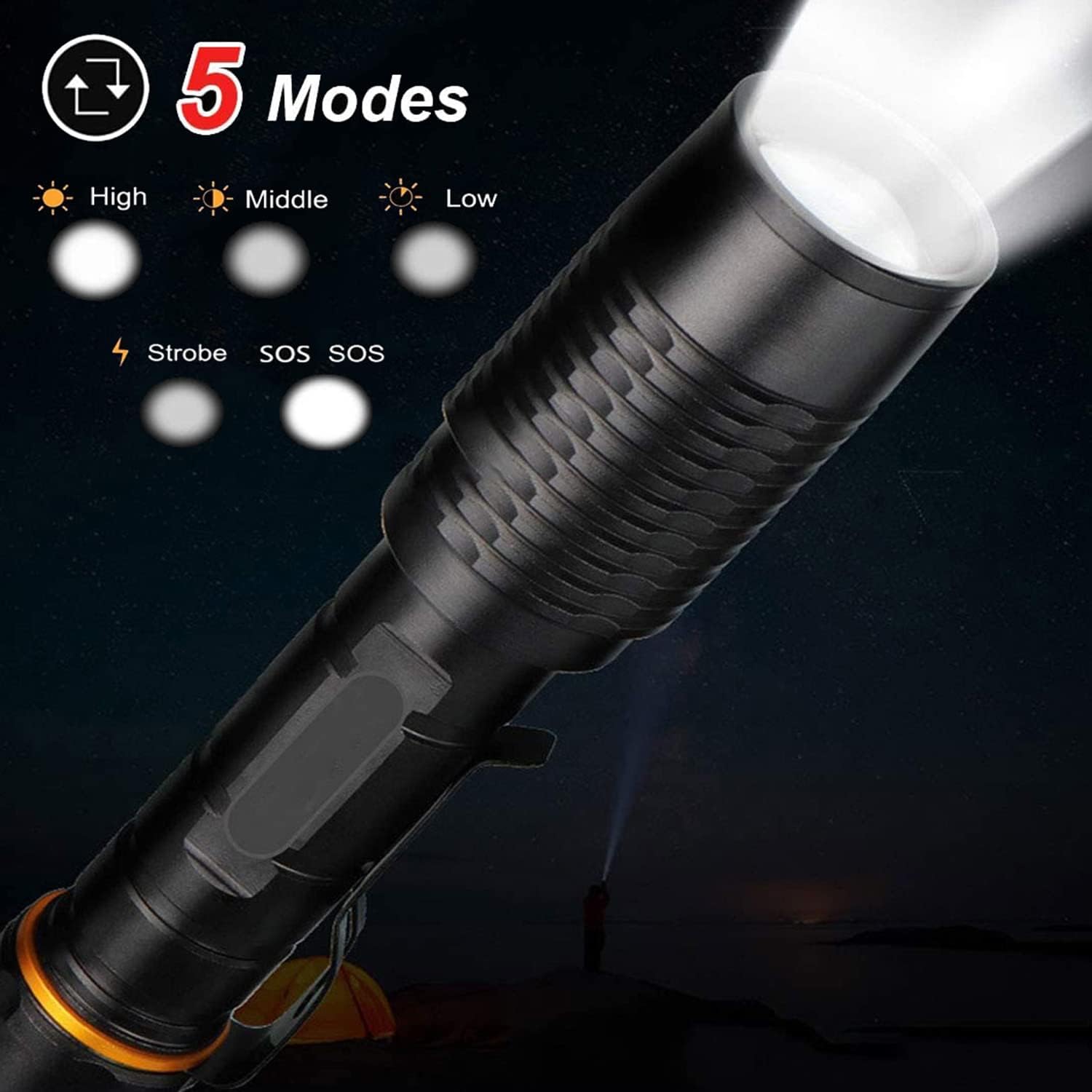 Linternas tácticas LED recargables de alto lúmenes con batería, 5 modos ...