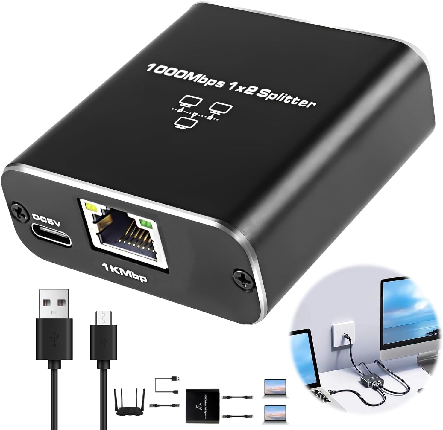 Ethernet Splitter 1 to 2 1000Mbps Ethernet Switch 2 Port Gigabit ...