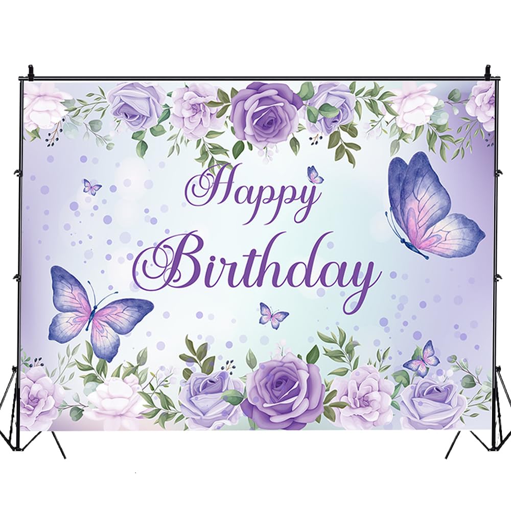Amazon.com : 5x3Ft Butterfly Birthday Backdrop for Women Purple ...