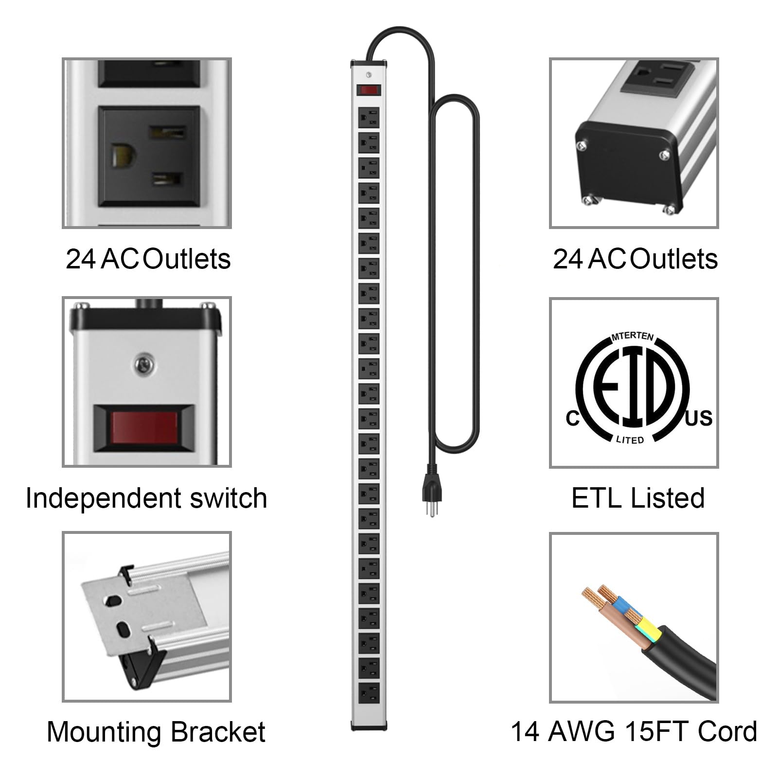 Snapklik.com : 24 Oulet Long Power Strip,Heavy Duty Metal Socket Power ...