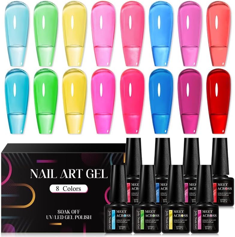 Amazon.com : MEET ACROSS 8PCS Jelly Crystal Gel Nail Polish Set, Jelly ...