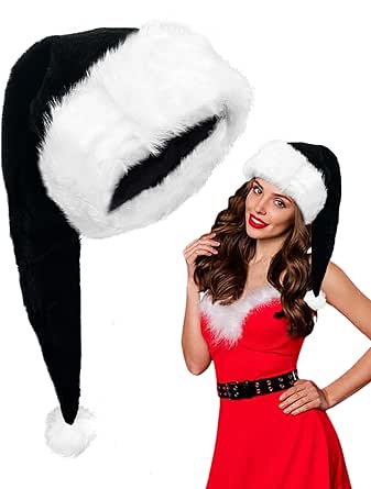 Amazon.com: Wakdiz Long Black Santa Hat for Adults White Deluxe Santa ...