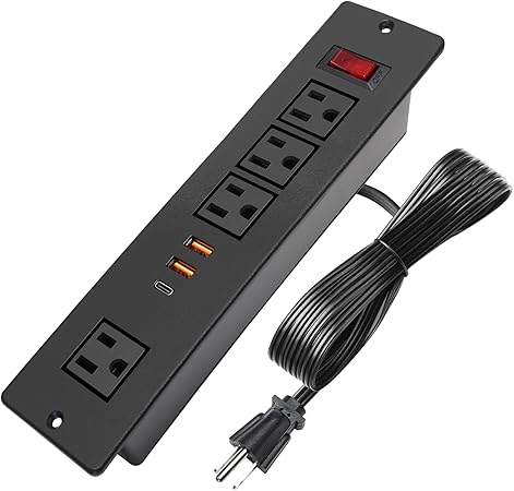 Compact power strip with 4 outlets, 3 USB, 20W USB-C charging.