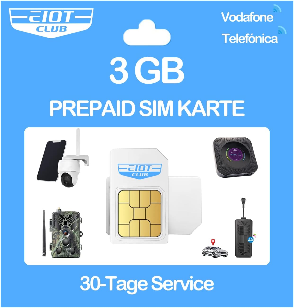 EIOTCLUB Prepaid SIM Karte ohne Vertrag, Kompatibel mit Vodafone & Telefónica Netz, 3GB for 30 ...