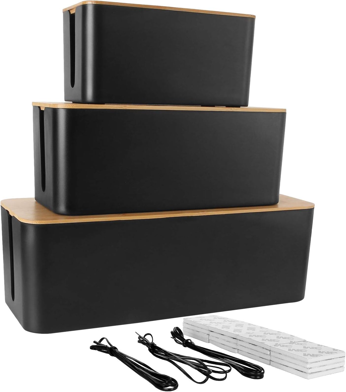 STARVAST Cable Management Box with Wooden Lid | Set of 3 Black Large ...