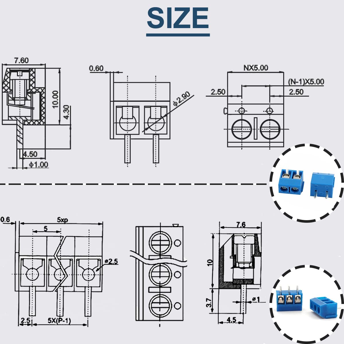 Snapklik.com : DAOKAI KF301 PCB Terminal Block 5mm Pitch 2P 3P 4P Mount ...