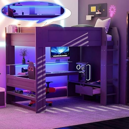Amazon.com: Polibi Full Size Gaming Loft Bed with Desk, LED and ...