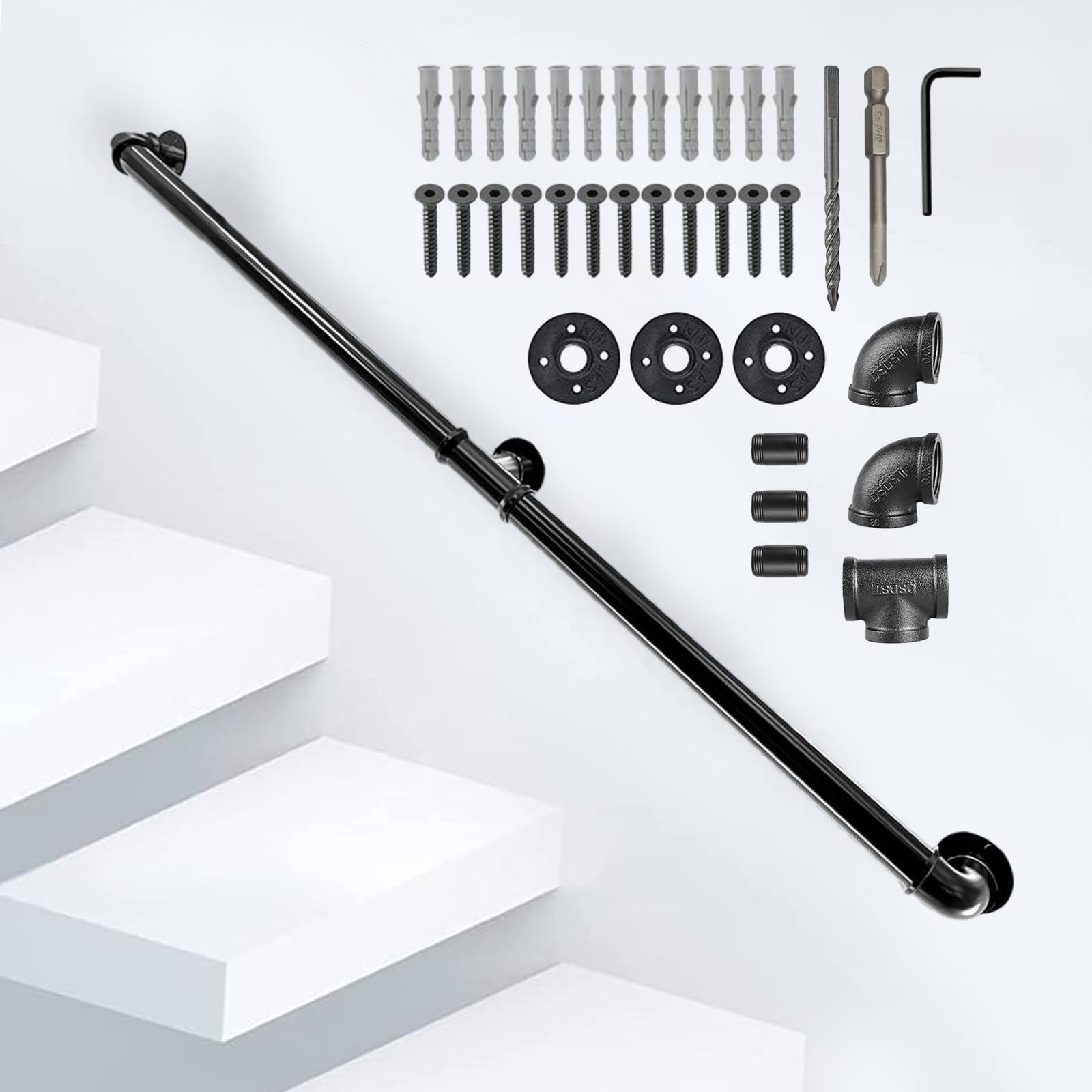 6.6FT/2M Staircase Handrails -OZHOMY Pipe Stair Handrail Carbon Steel ...