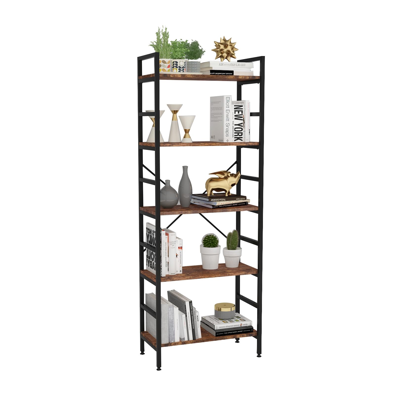 Amazon.com: 5-Tier Adjustable Tall Bookcase, Rustic Wood and Metal ...