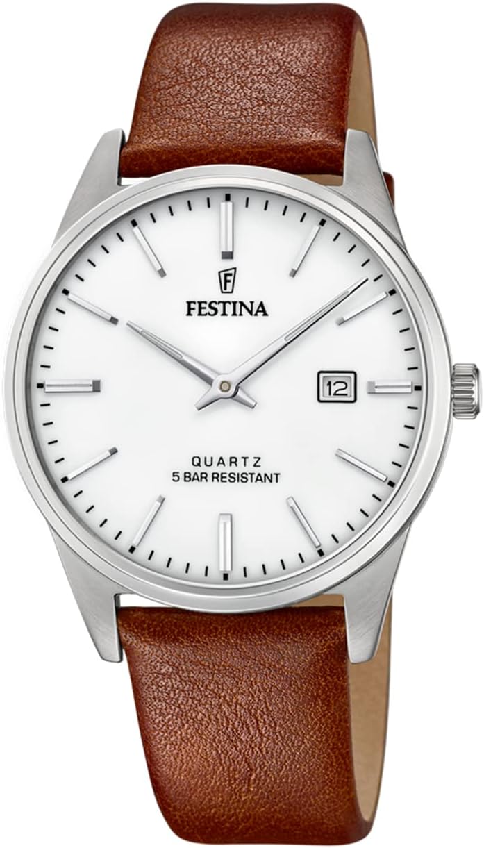 Festina Men's Quartz Watch with White Dial Analogue Display and Brown ...