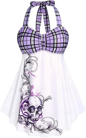 Amazon.com: Rosegal Womens Plus Size Curve Halter Plaid Skull Print ...
