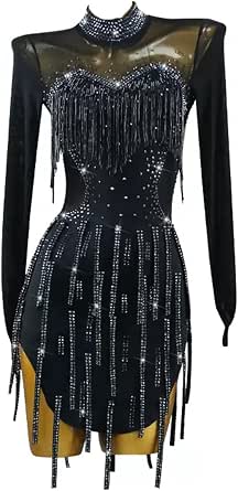 Amazon.com: Beaded Fringe Latin Cha Cha Dance Dresses High Collar ...