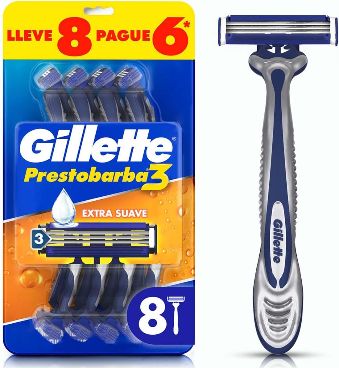 GILLETTE Prestobarba3, Rastrillo para Afeitar Desechable, 8 Rastrillos ...