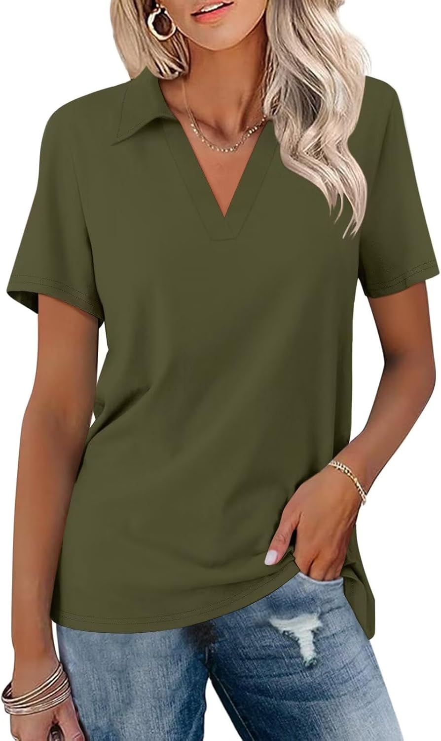 ORANDESIGNE Women's Short Sleeve V Neck Polo Shirts Summer Collared ...