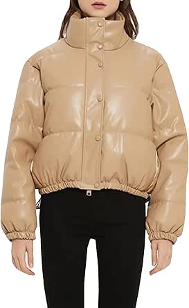 Amazon.com: Flygo Women's Faux Leather Puffer Jacket Zip up Padded Winter Bubble Coat Down ...