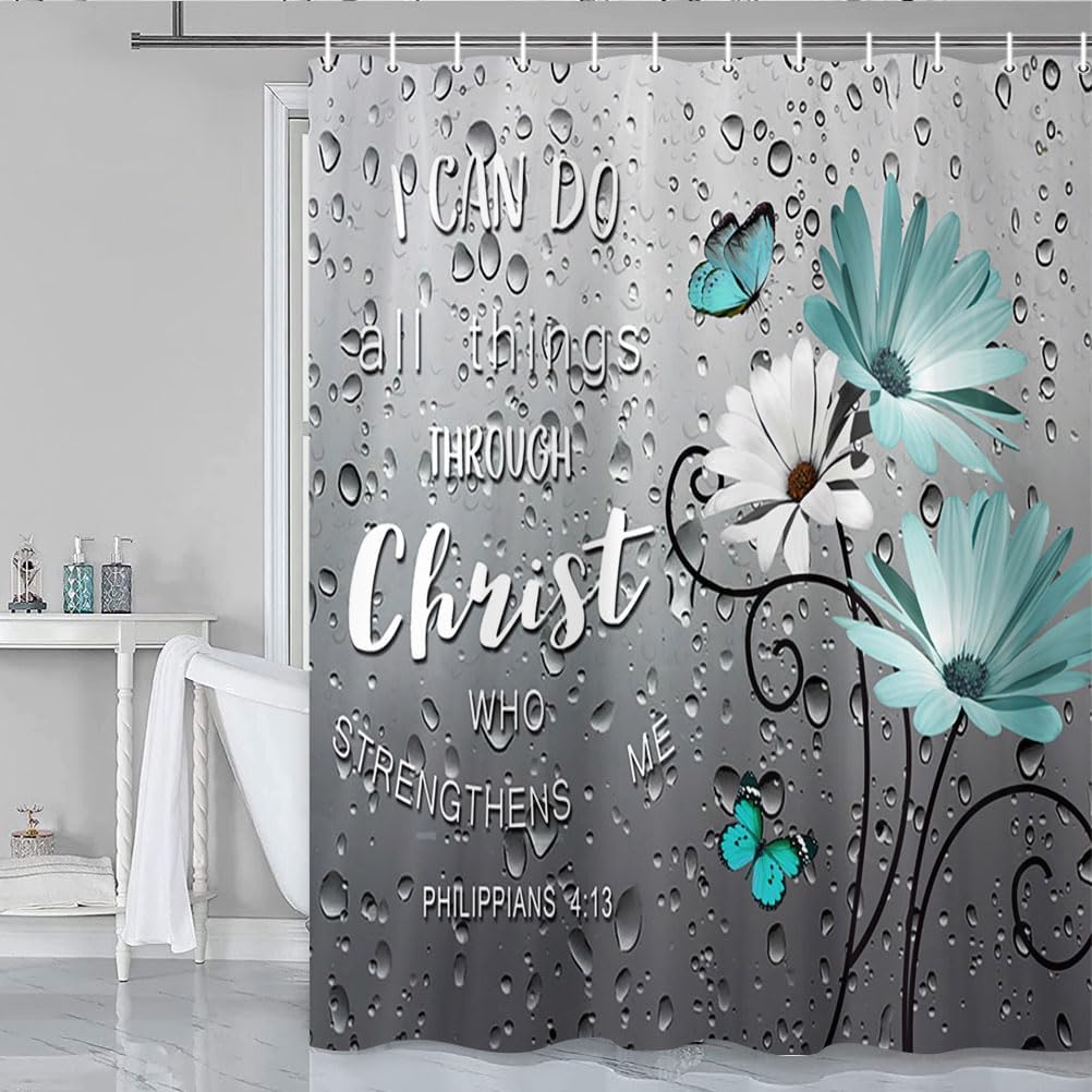 Amazon.com: Farmhouse Teal Floral Shower Curtain, Bible Verse ...