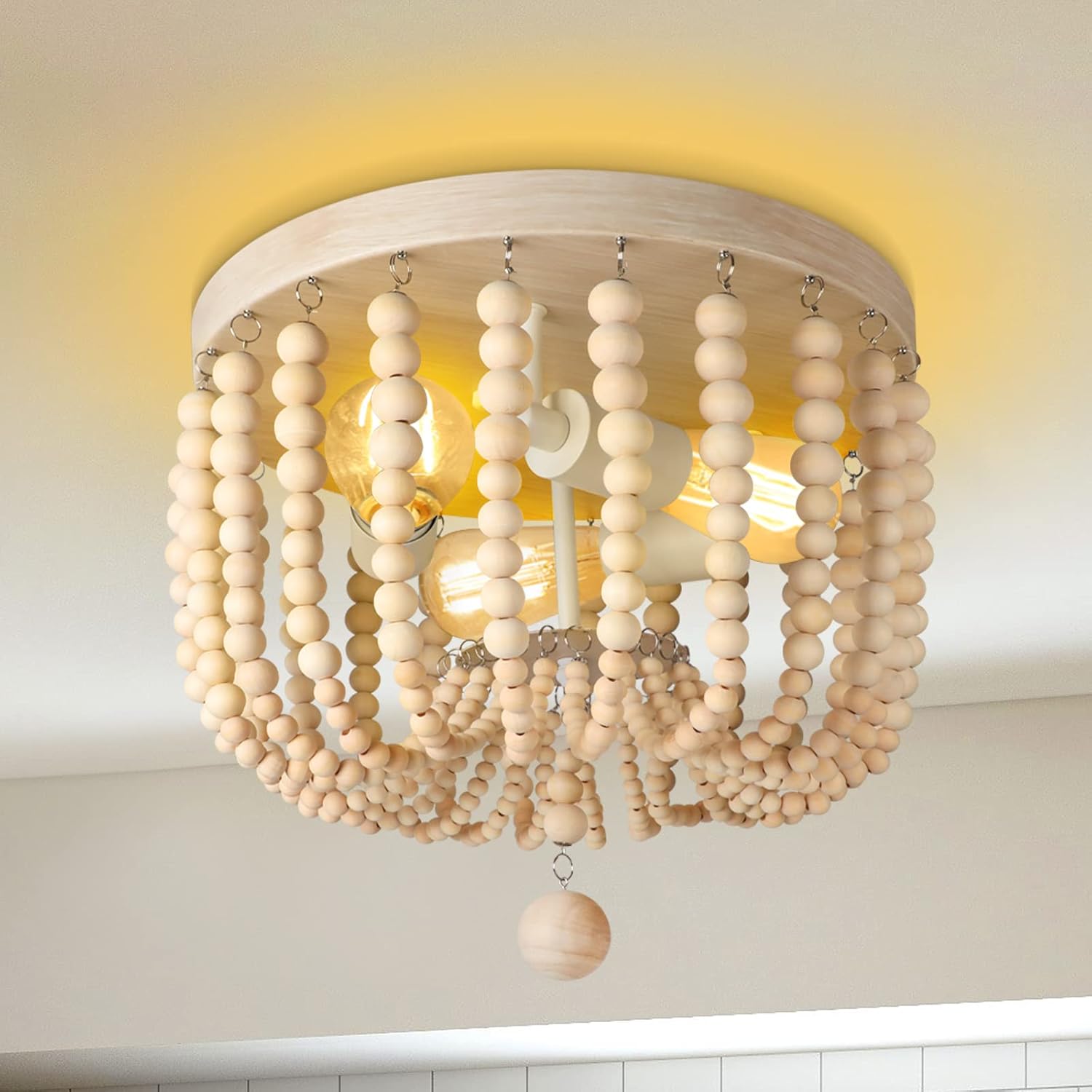Amazon.com: Satale Wood Beaded Chandelier, 3 Lights Boho Flush Mount ...