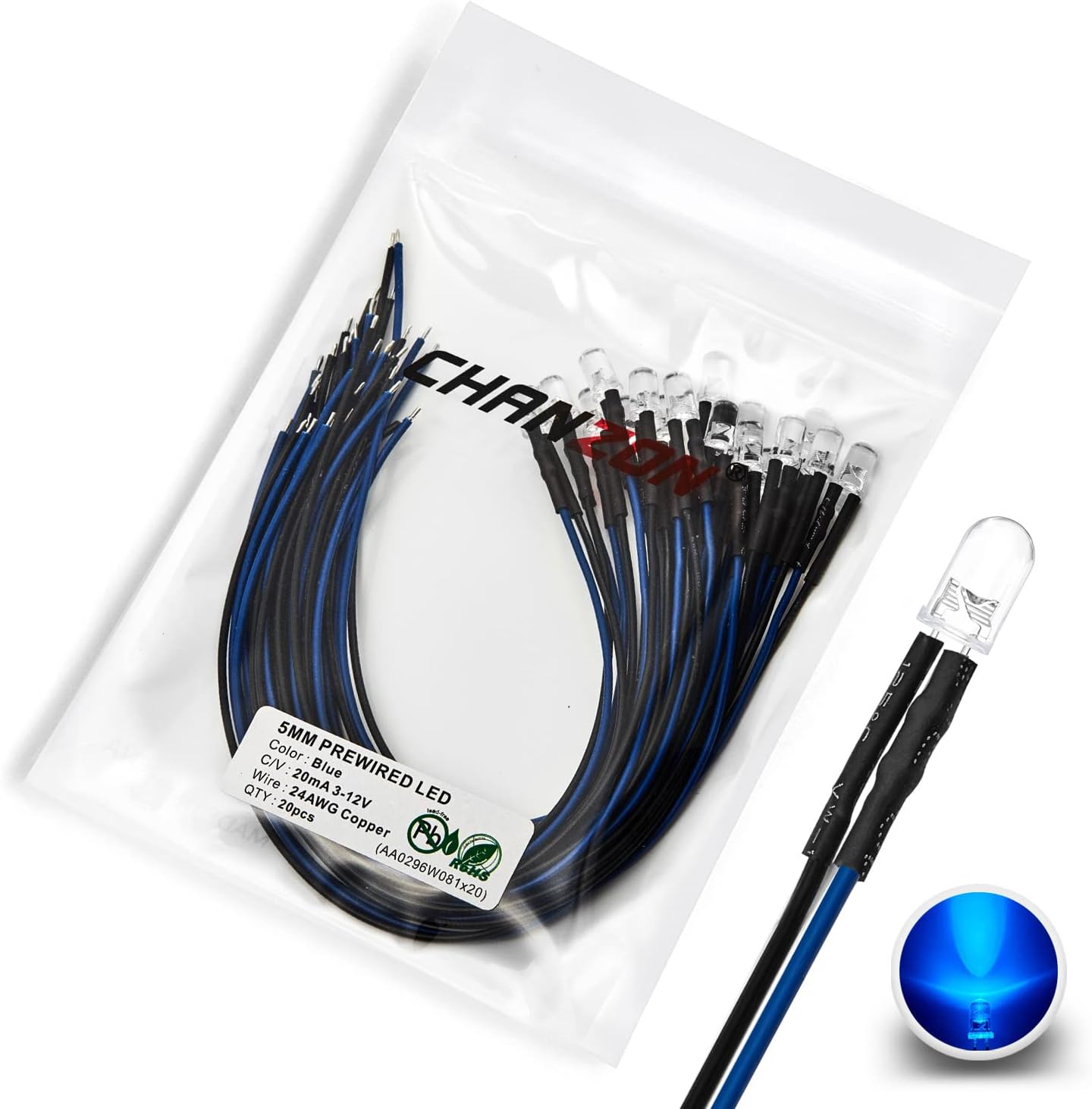 [UL Wire] Chanzon 20 pcs Pre-Wired 5mm Blue LED Diode Lights (Clear ...