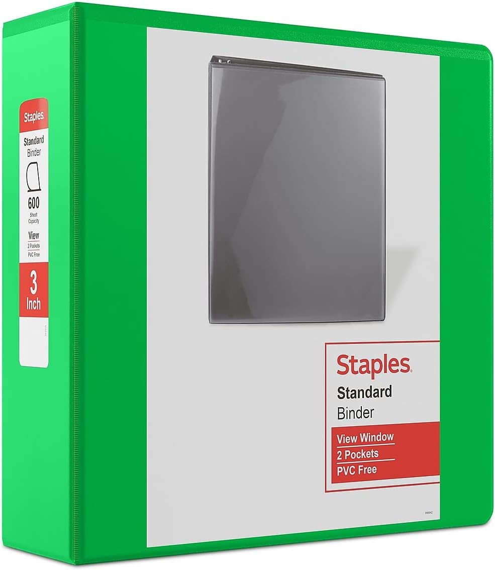 Amazon.com : Staples 110080 Standard 3-Inch D-Ring Binder Green (26354 ...