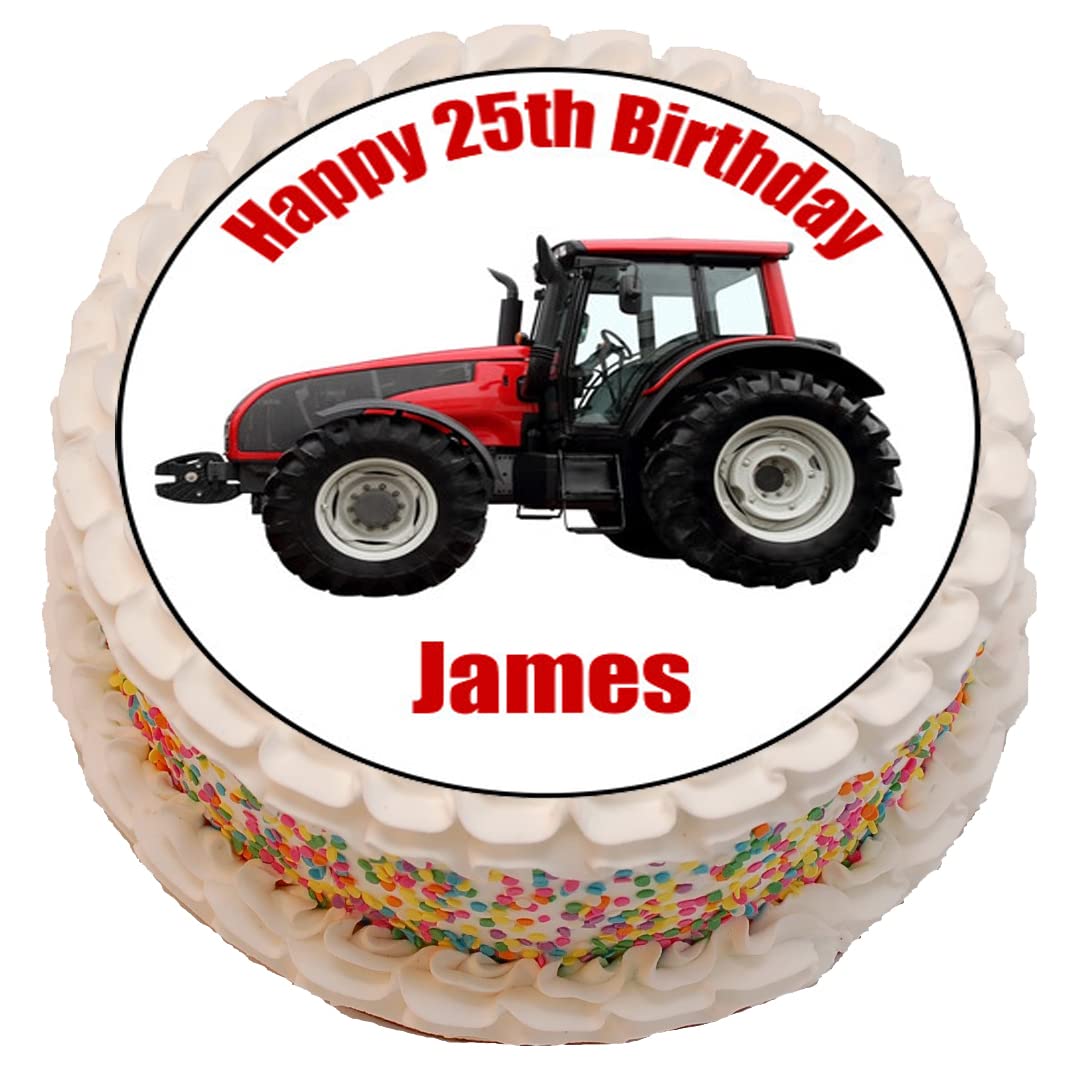 Buy Red Tractor Personalised PRECUT Cake Topper 8 Inch Round Edible ...