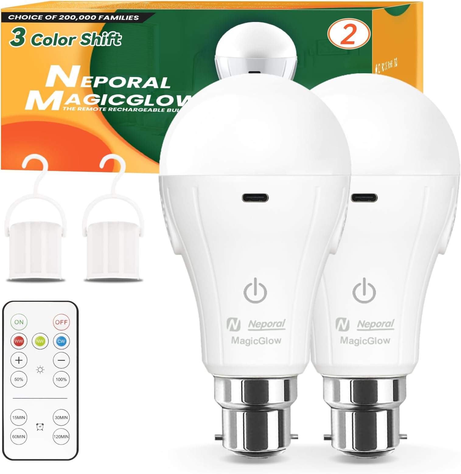 Neporal MagicGlow Rechargeable Light Bulbs with Remote, 3-Color Shift ...