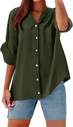 Hauts en lin pour femme UK 2025 - Manches longues - Grande taille - Col ...