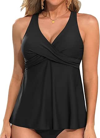 Amazon.com: Tempt Me Women Tankini Top Only Flowy Swim Tops V Neck ...