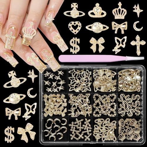 Amazon.com: 120 Pcs 12Styles 3D Gold Alloy Nail Charms Kit, Dollar ...