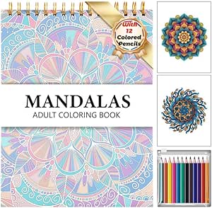 Amazon.com: Mandala Coloring Book for Adult 50 Sheets with 12 Colored Pencils Spiral Bound Adult ...