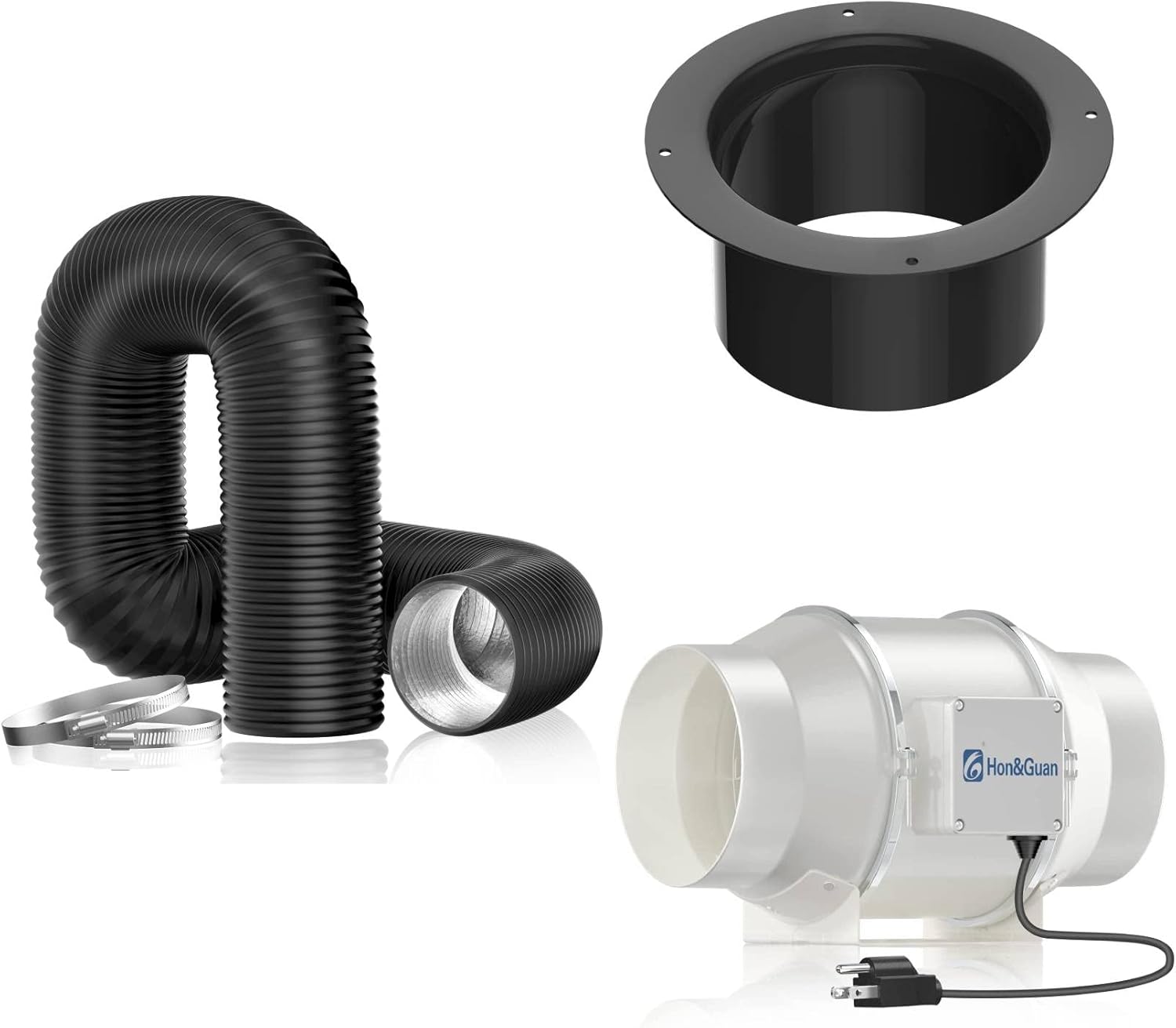 Hon&Guan Non-Insulated 6" Duct 16FT with 2 Duct Clamps, and P6 Quiet 6 ...