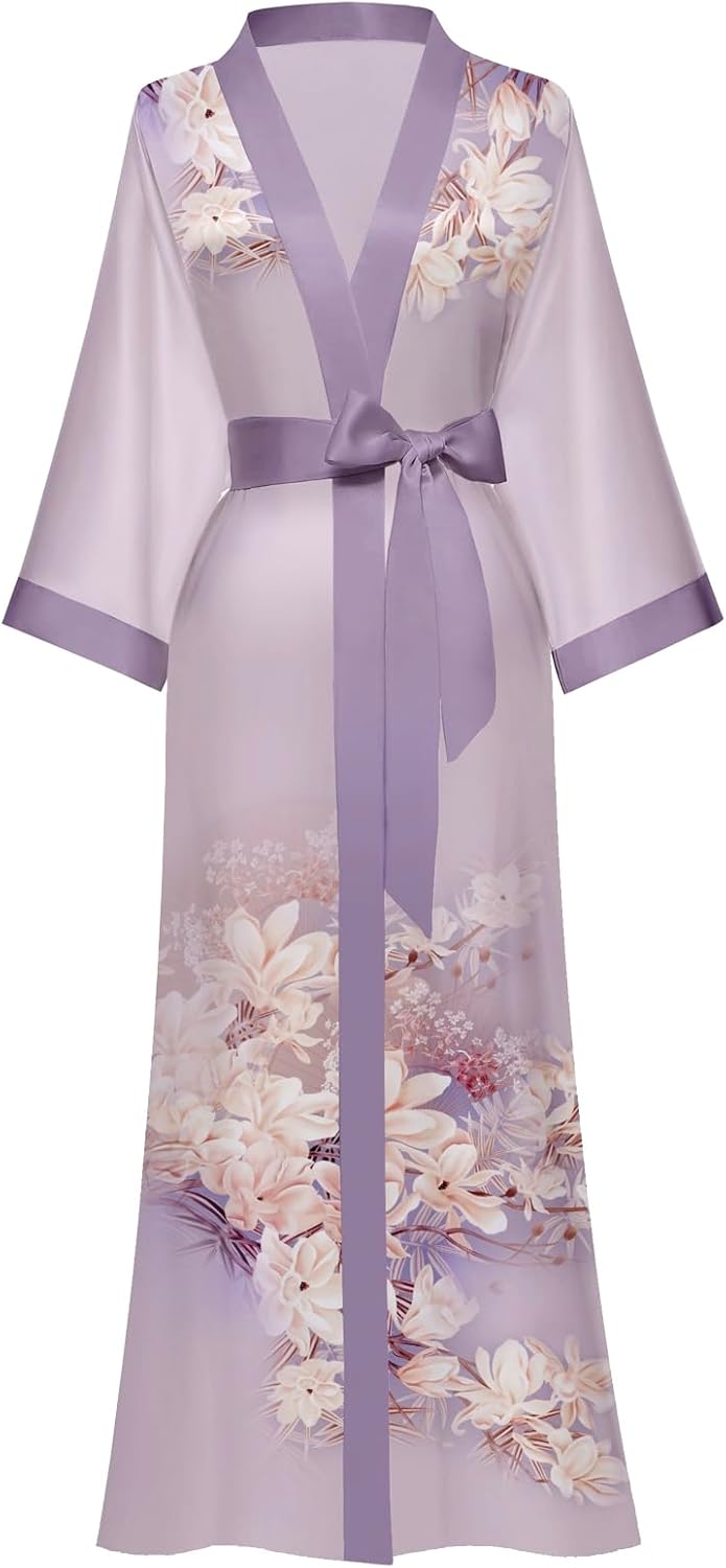 Silk Robes for Women - Long Kimono Bride Plus Size Floral Print Purple ...