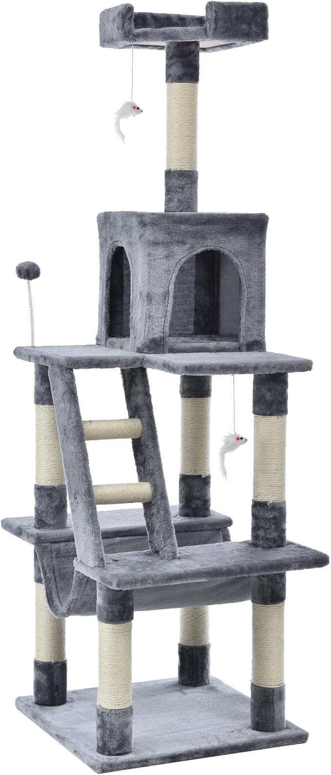 Amazon | OSJ(オーエスジェイ) キャットタワー 据え置き シニア 省スペース 全高155cm 麻紐 おしゃれ ネズミおもちゃ2本付き ボンボンおもちゃ付き 爪とぎ 猫タワー ペット ...