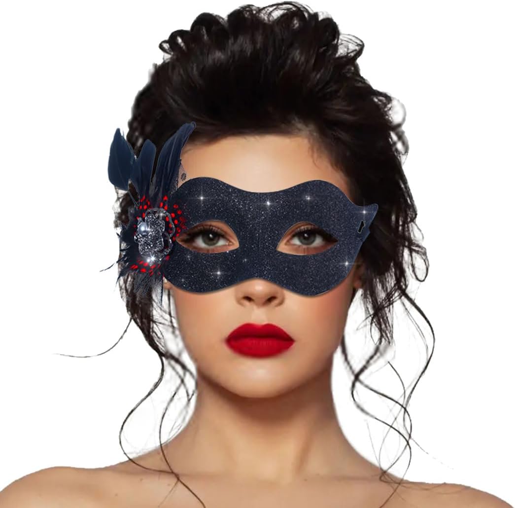 Amazon.com: Nicute Women's Black Masquerade Mask Feather Sparkly ...