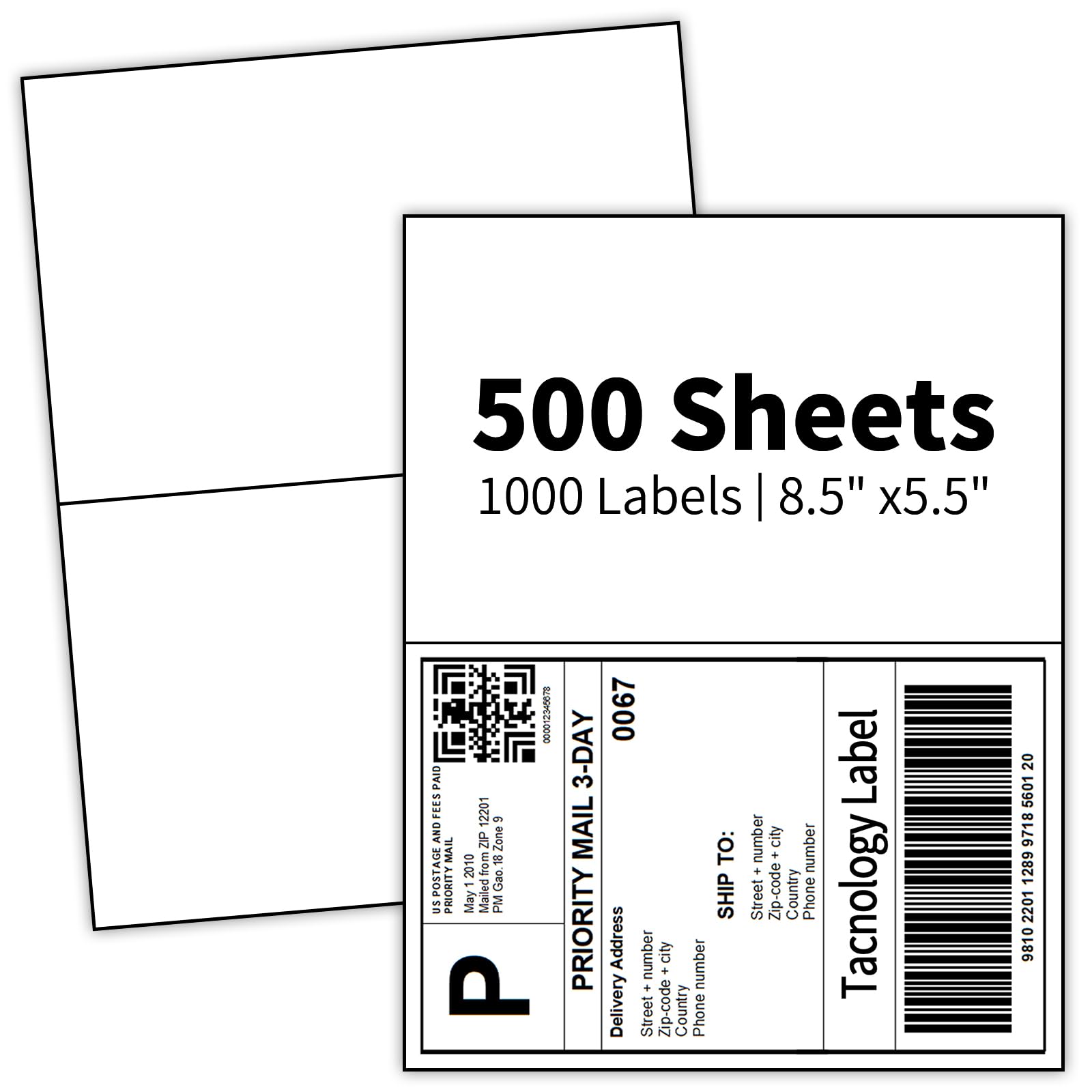 Amazon.com : Tacnology 500 Sheets 1000 Labes 8.5"x5.5" Half Sheet Self ...