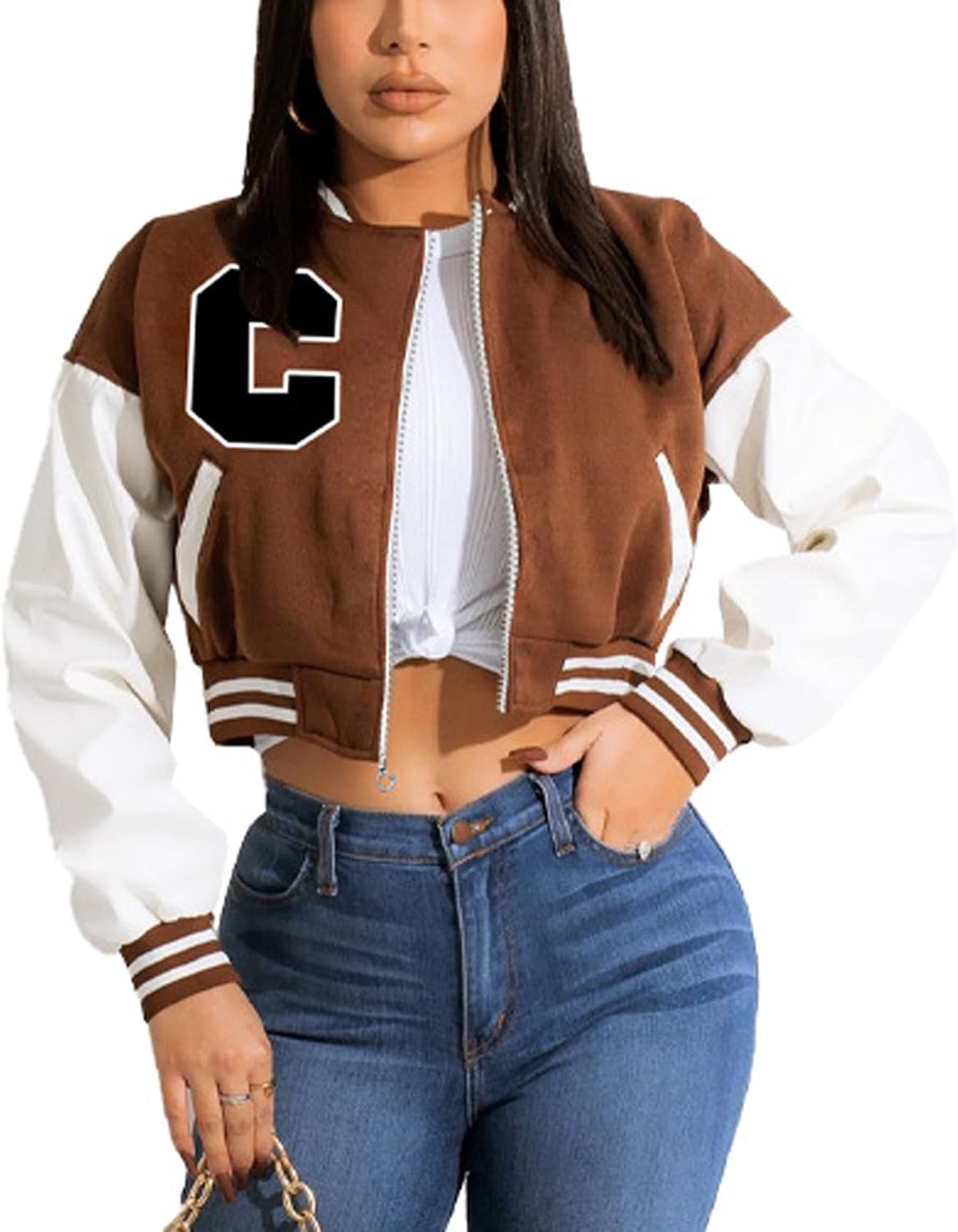 Amazon.com: Perbai Women's Colorblock Crop Bomber Jacket Patched Full ...