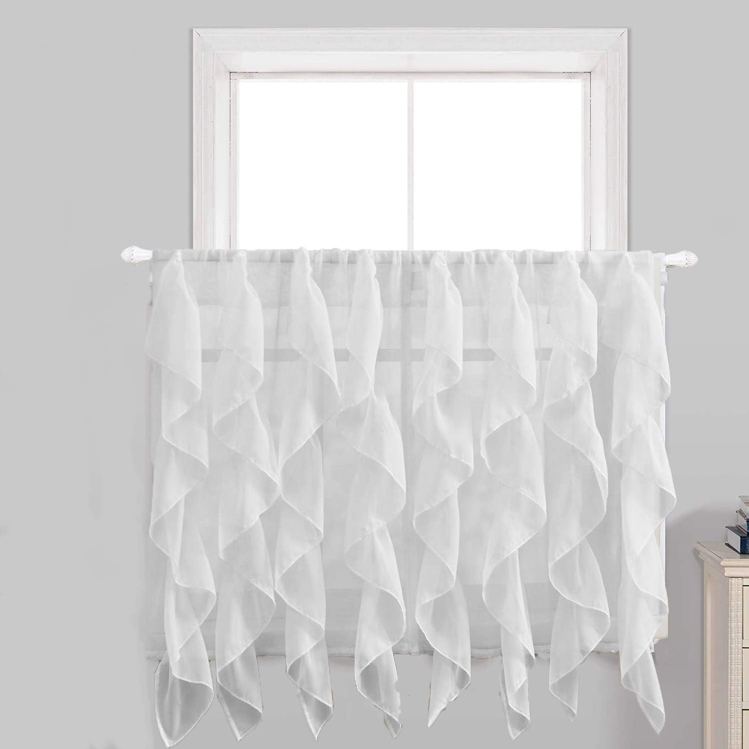 Amazon.com: Rooney 2PC Sheer Voile Ruffled Kitchen Curtain Tiers (Gray ...