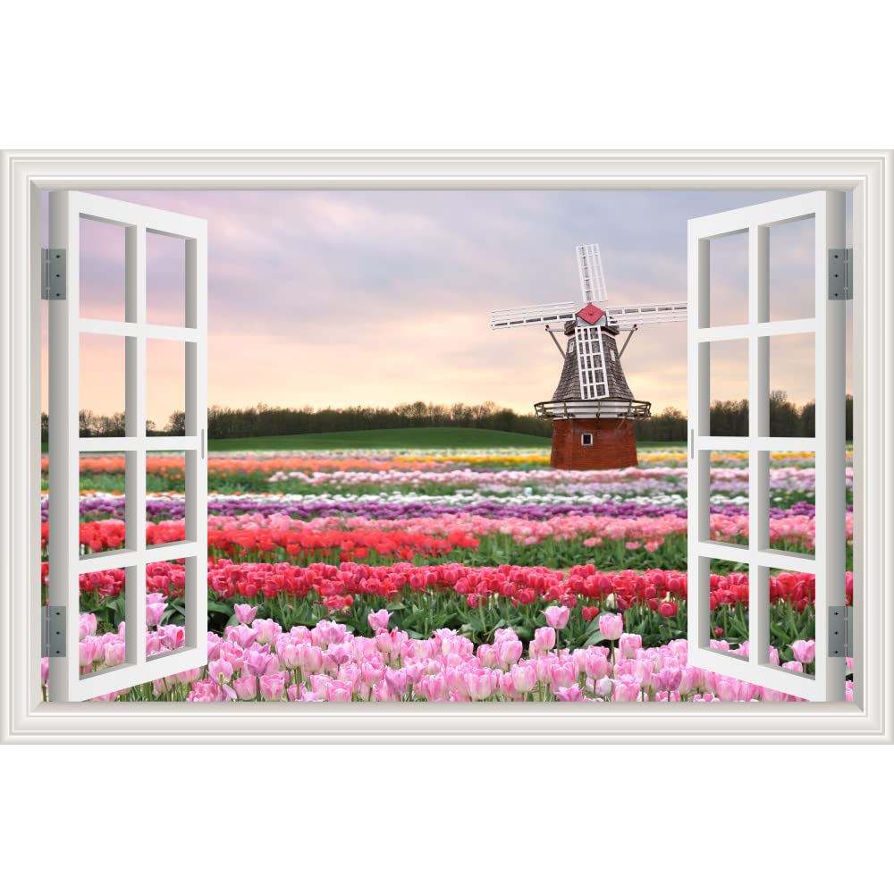 Mural Window View Wall Stickers Pink Tulip and Dutch Windmill Decal for ...